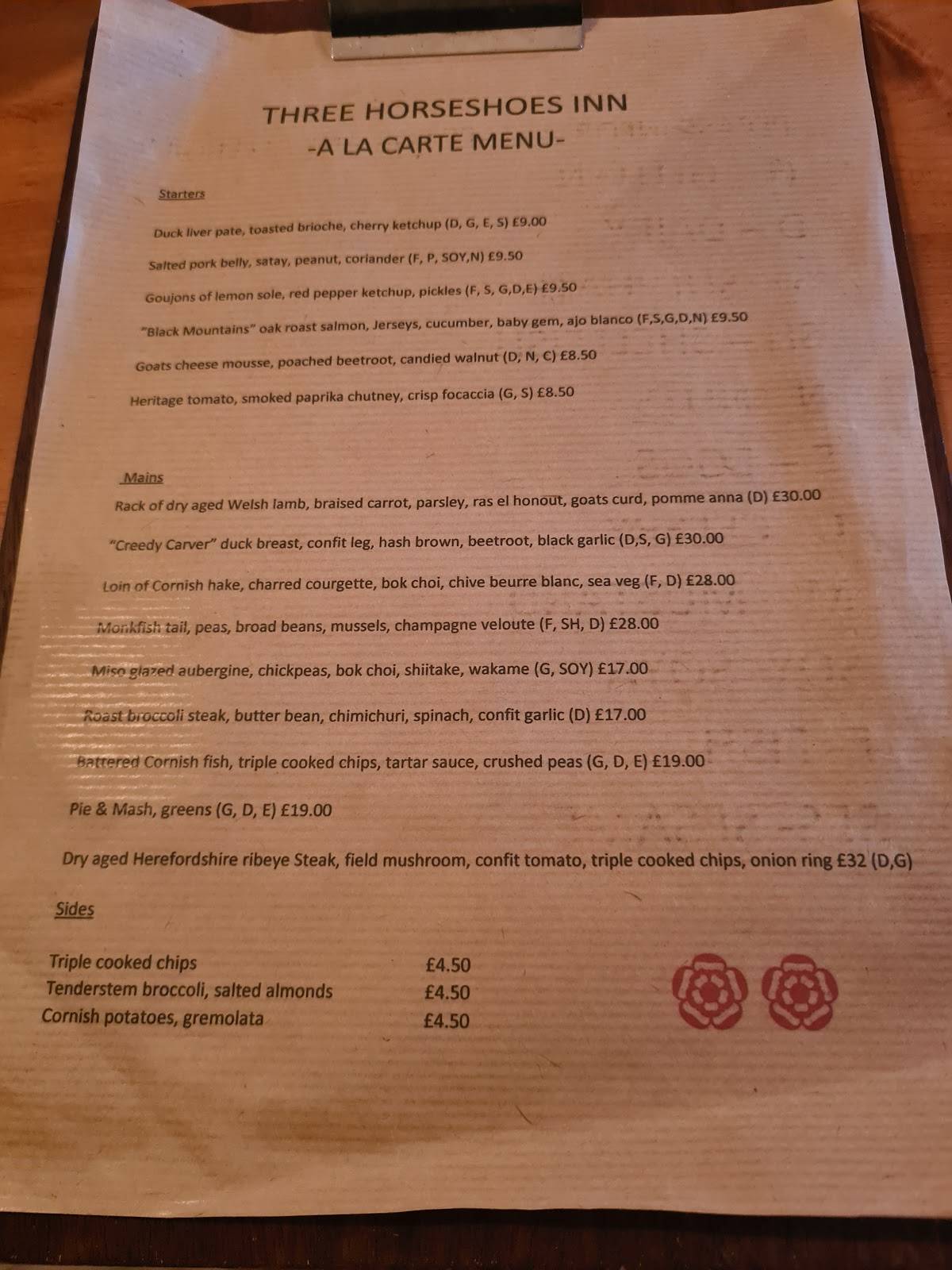 Menu at Three Horseshoes Inn pub & bar, Brecon, Groesffordd