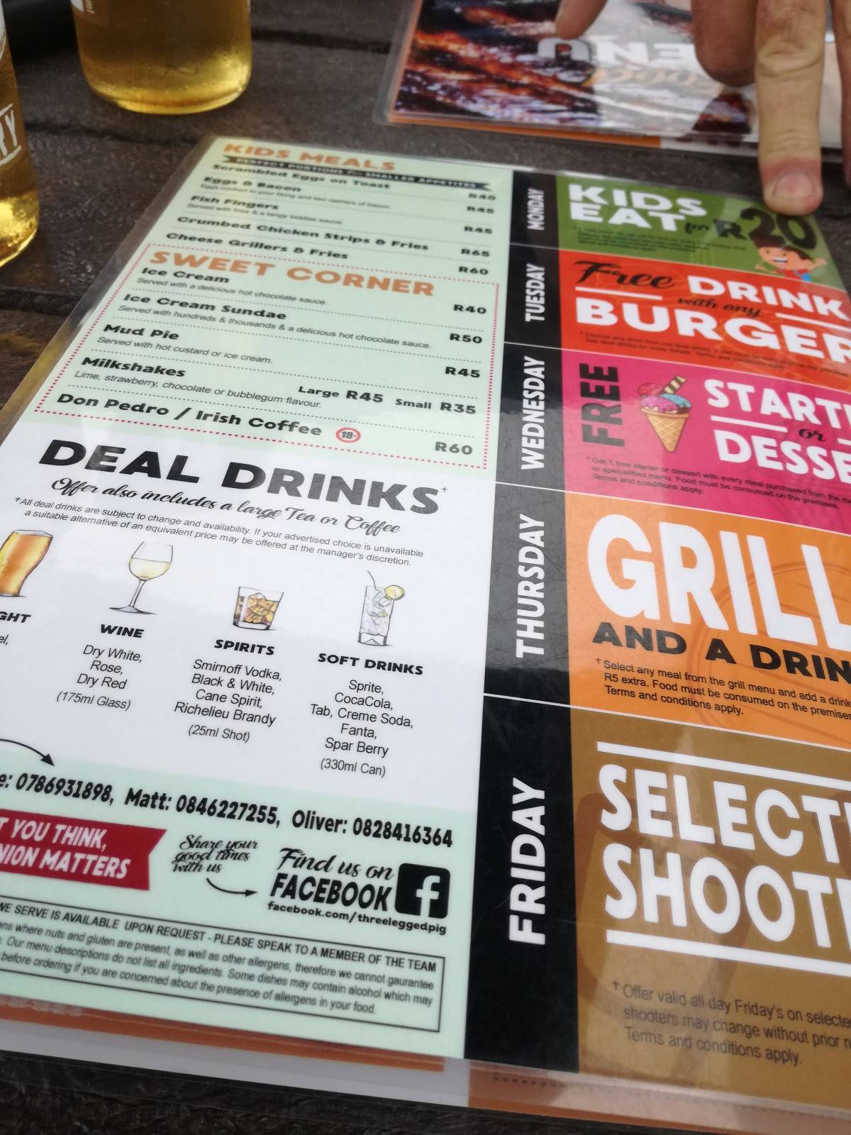 Menu at Three Legged Pig pub & bar, Port Elizabeth