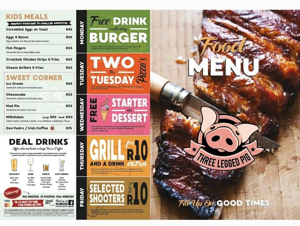 Menu at Three Legged Pig pub & bar, Port Elizabeth