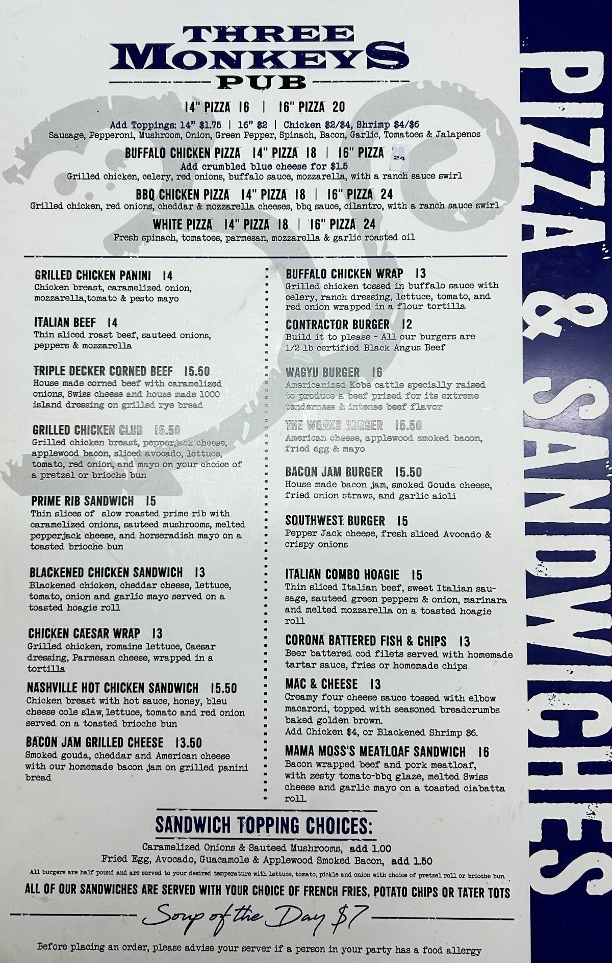 Menu at Three Monkeys Pub, Crown Point, 21 Adams St