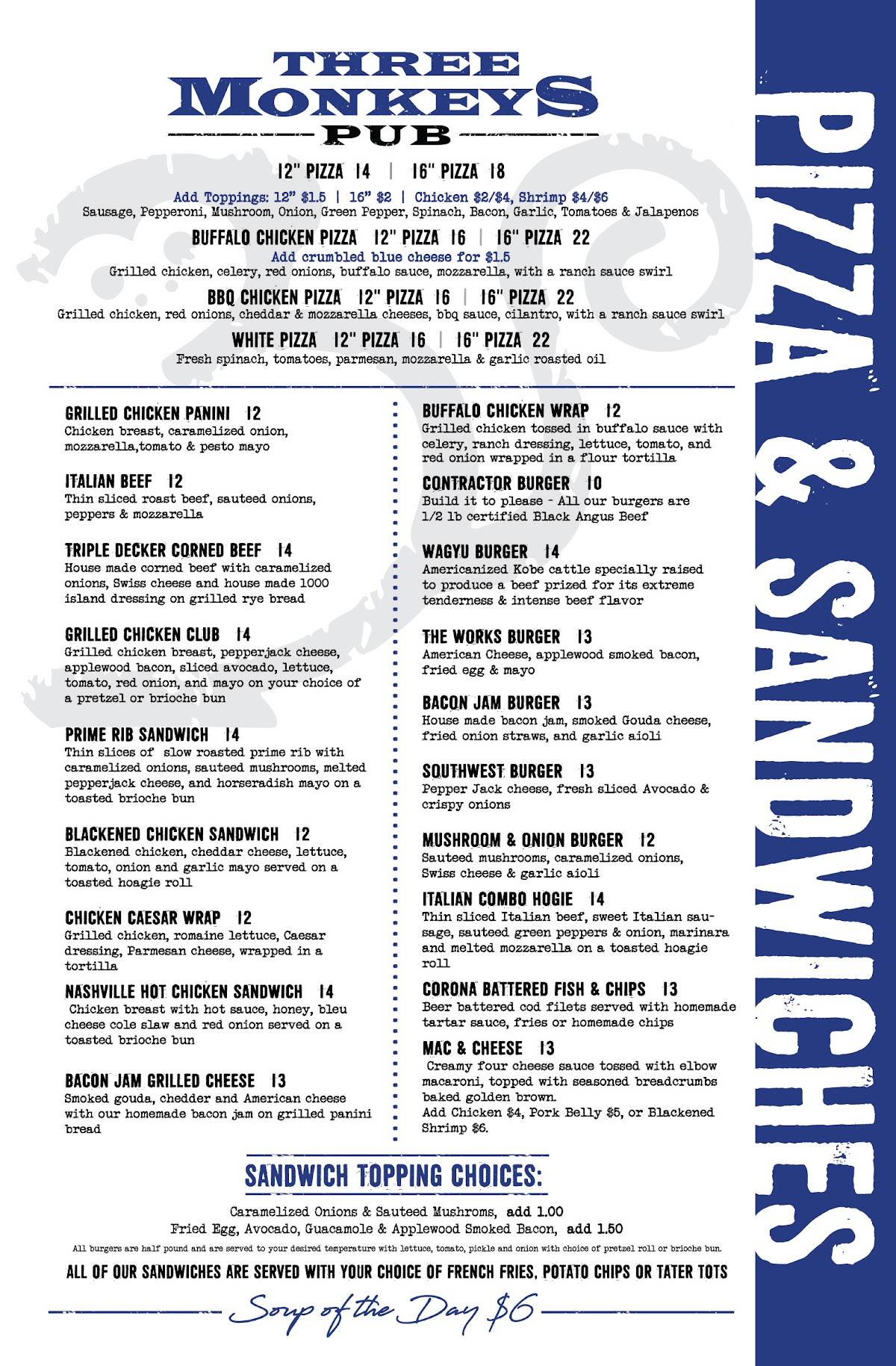 Menu at Three Monkeys Pub, Crown Point, 21 Adams St