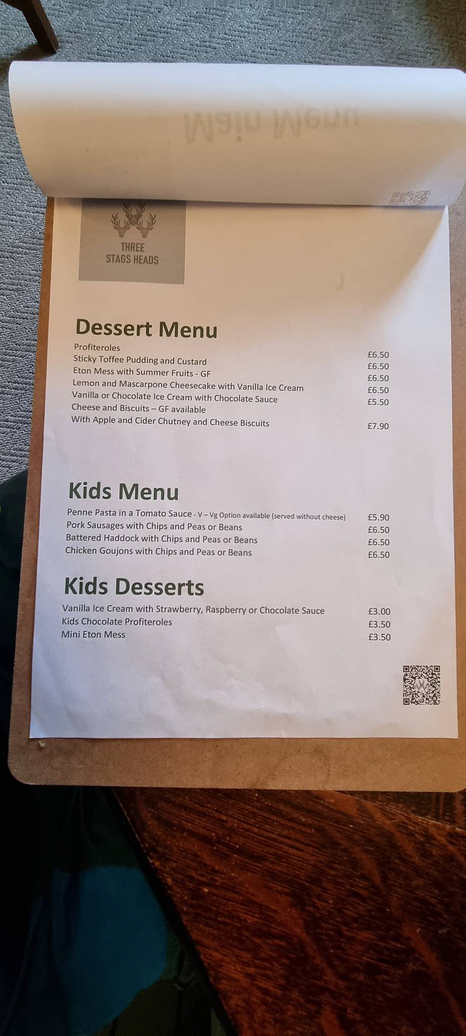 Menu at Three Stags Heads Darley Bridge pub & bar, Matlock