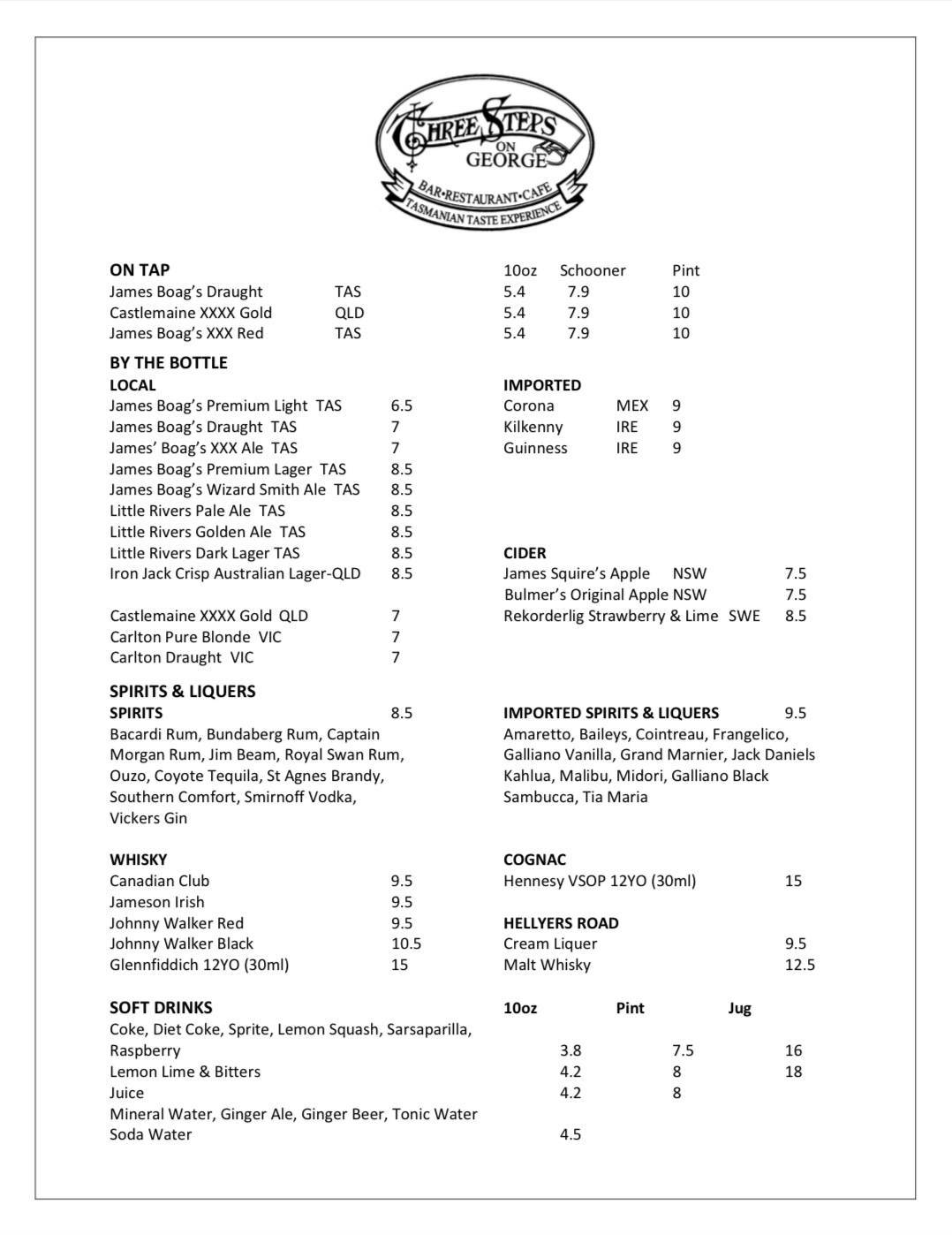 Menu at Three Steps On George restaurant, Launceston
