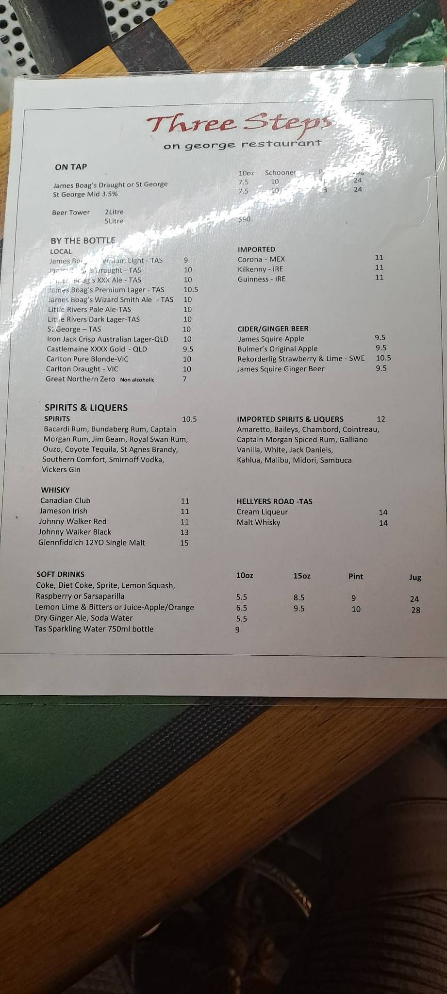 Menu at Three Steps On George restaurant, Launceston