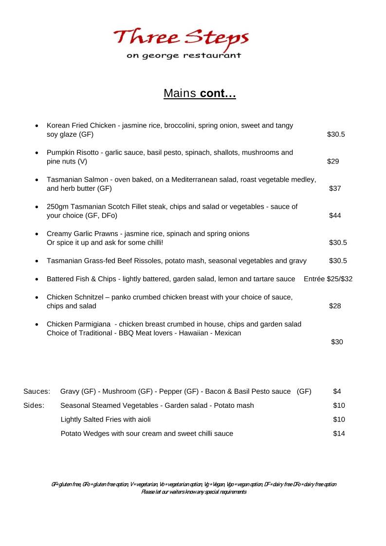 Menu at Three Steps On George restaurant, Launceston