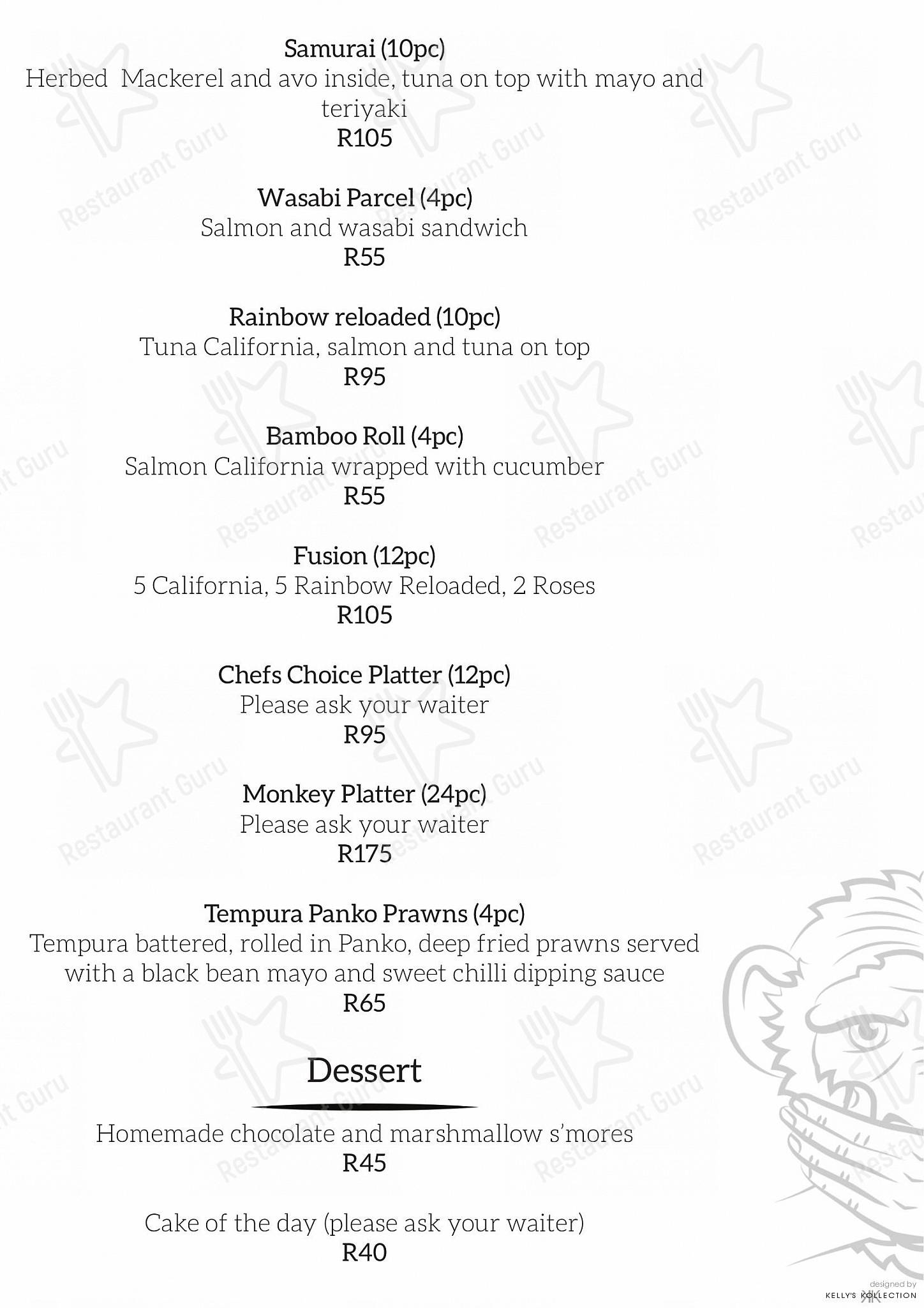 Menu at Three Wise Monkeys restaurant, Cape Town