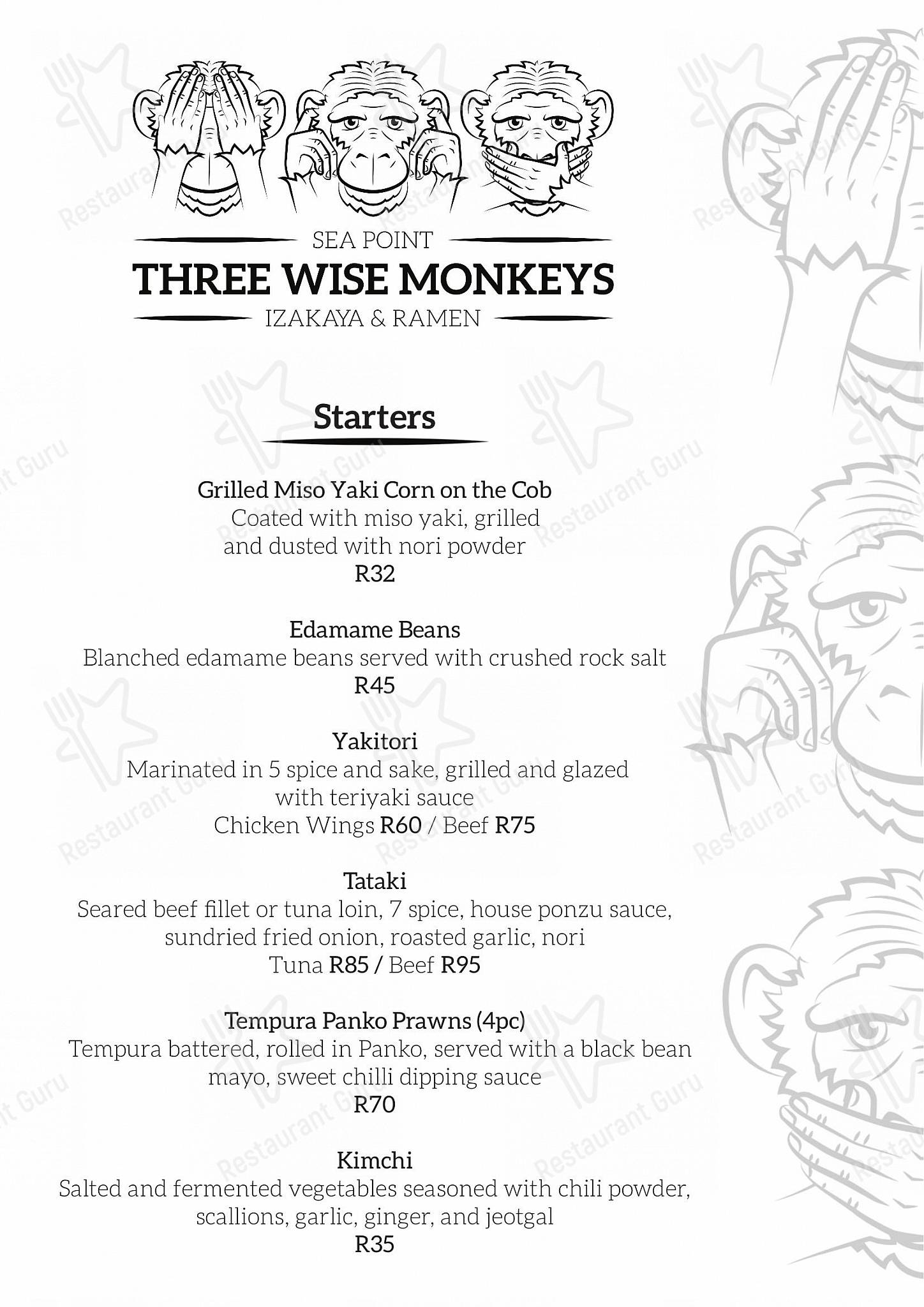 Carta del restaurante Three Wise Monkeys, Ciudad del Cabo