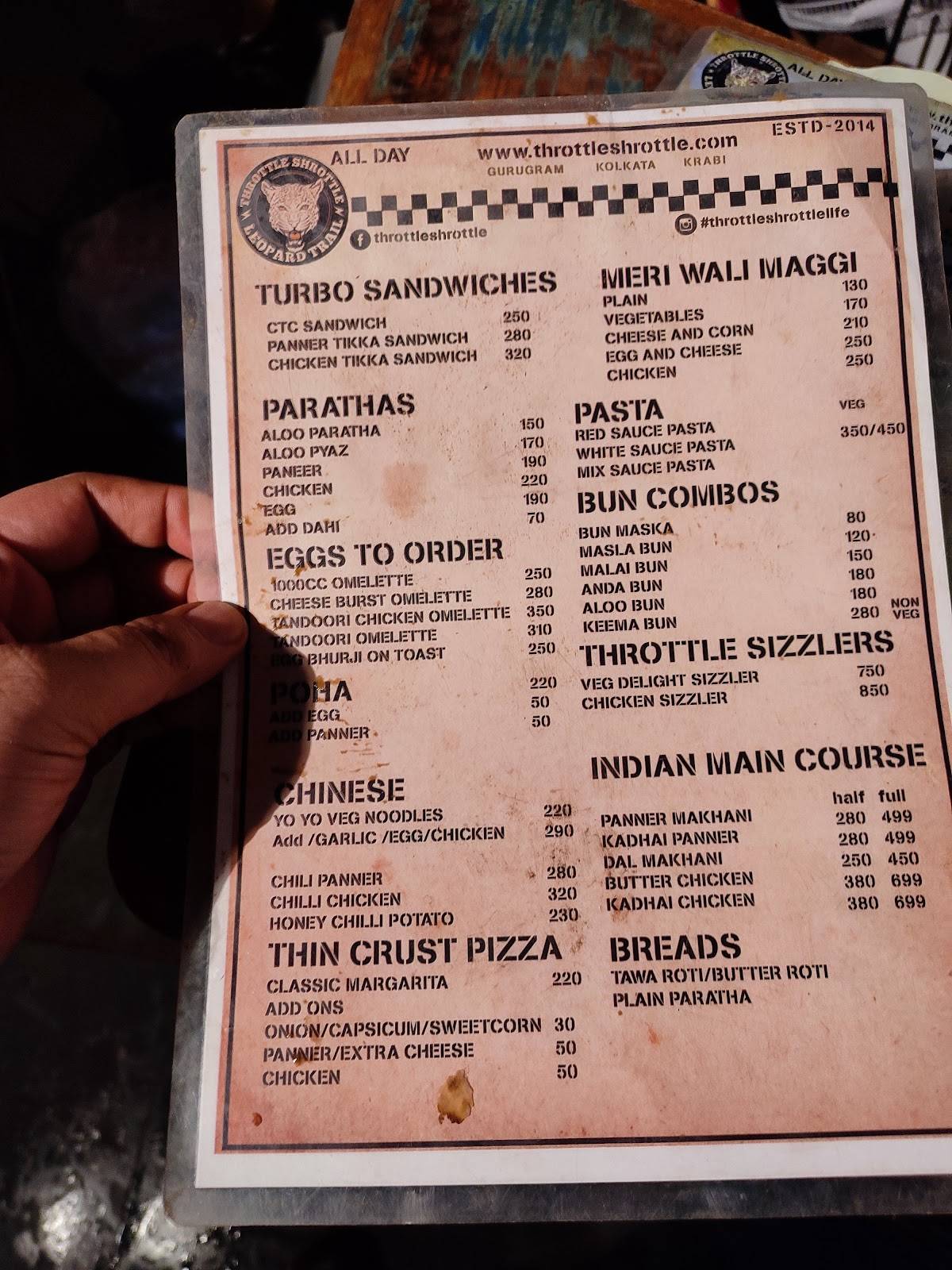 Menu at Throttle Shrottle- Leopard Trail, India