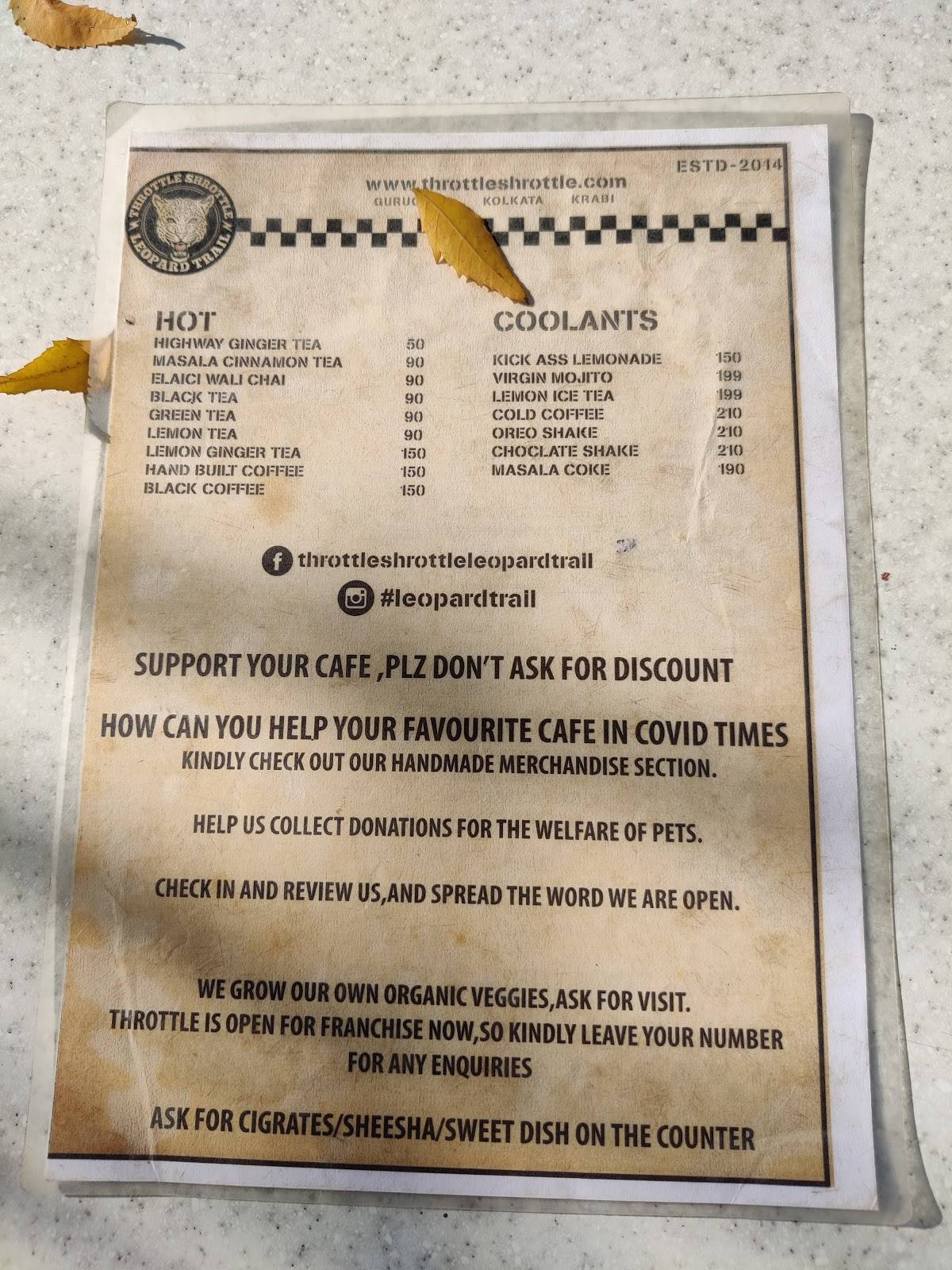 Menu at Throttle Shrottle- Leopard Trail, India