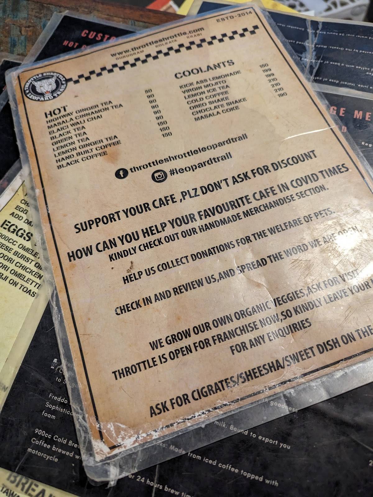Menu at Throttle Shrottle- Leopard Trail, India