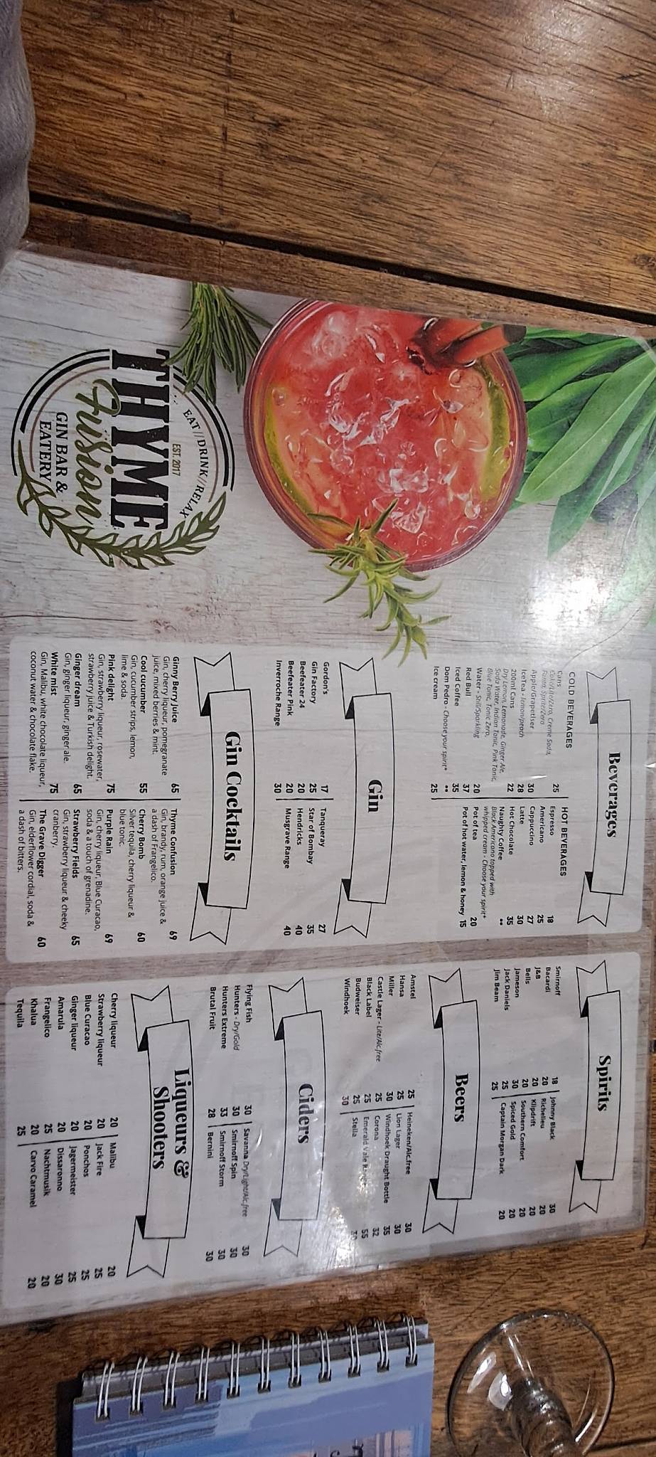 Menu at Thyme Fusion Gin Bar & Eatery, East London