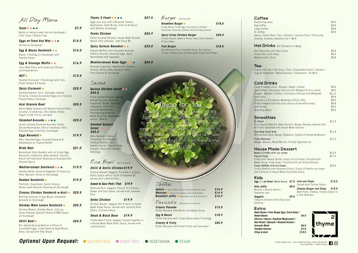 Menu at Thyme Square Café cafe, North Melbourne
