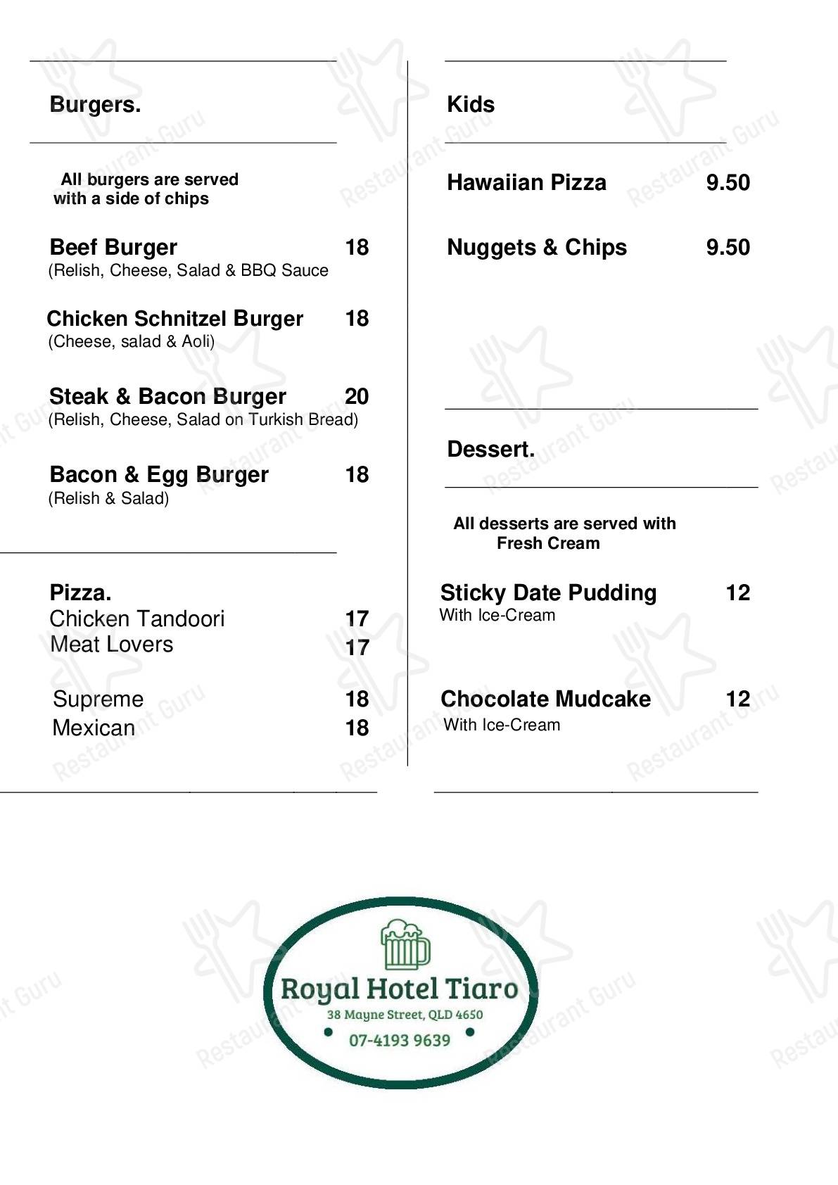 Menu at The Royal Hotel Tiaro pub & bar, Tiaro