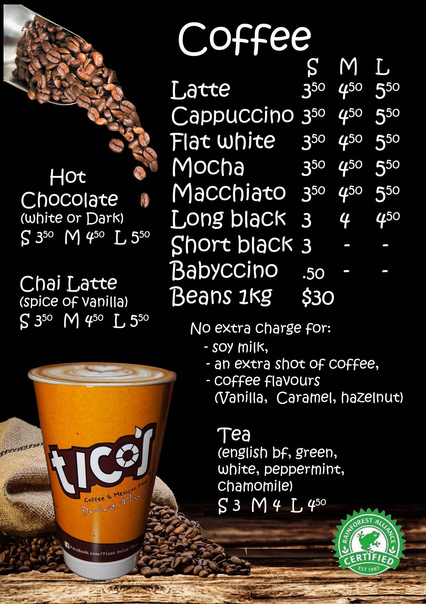 Menu at Tico’s Drive Thru cafe, Brooklyn