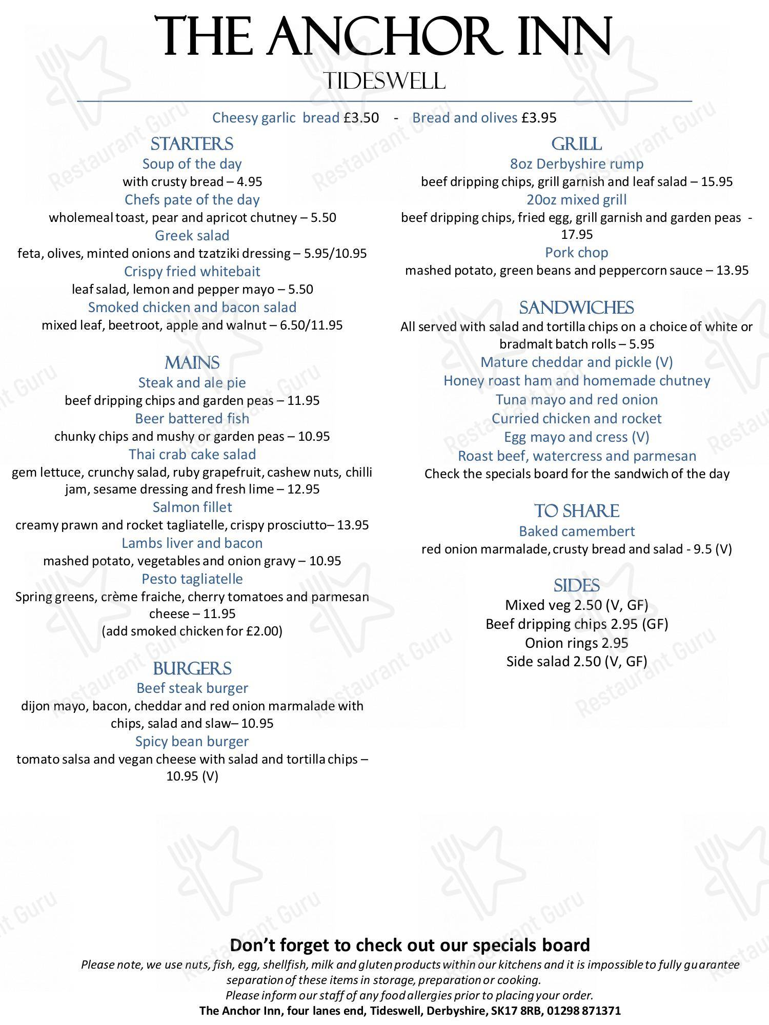 Menu at The Anchor Inn pub & bar, Tideswell