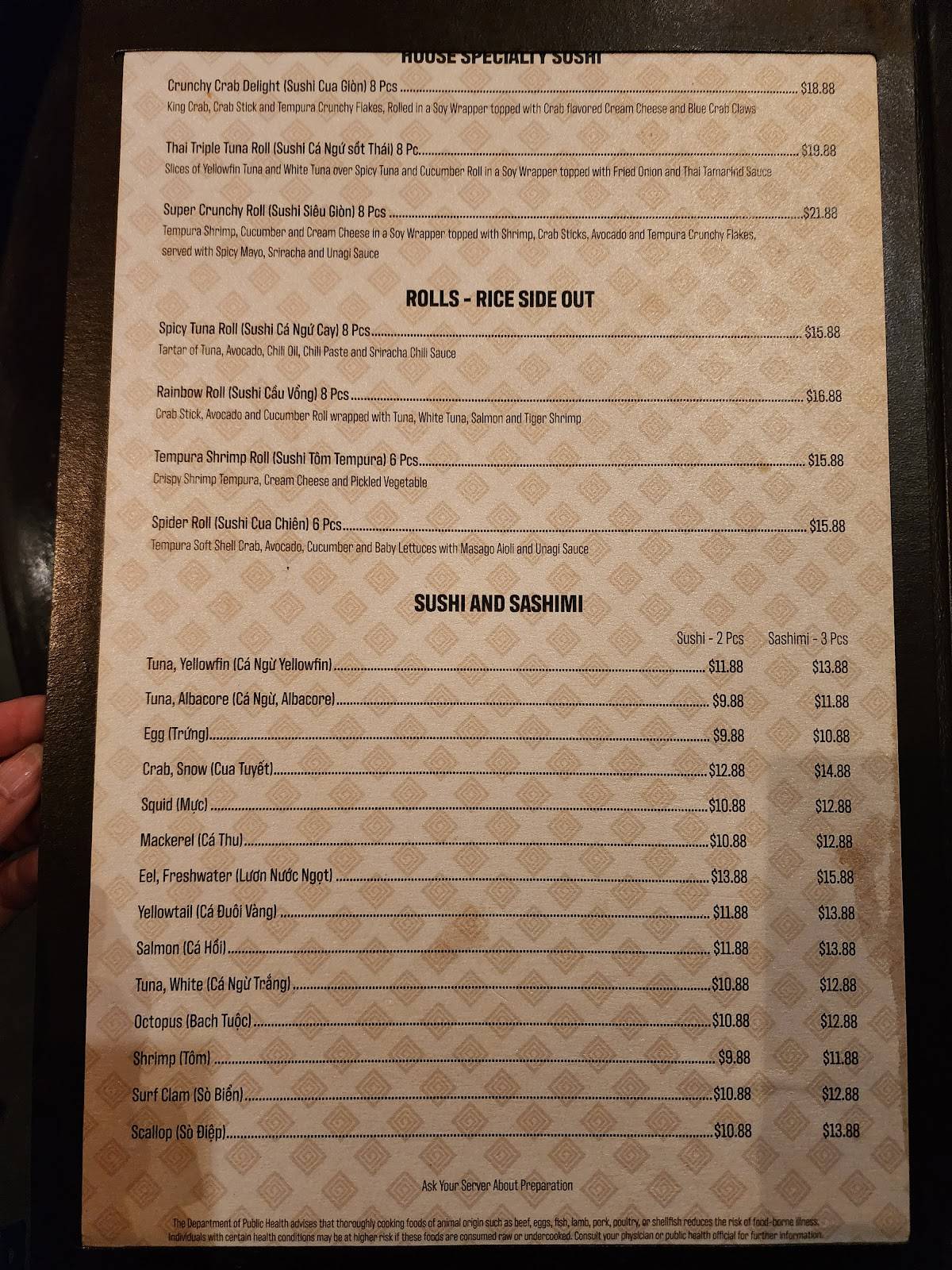 Menu at Tien restaurant, Biloxi