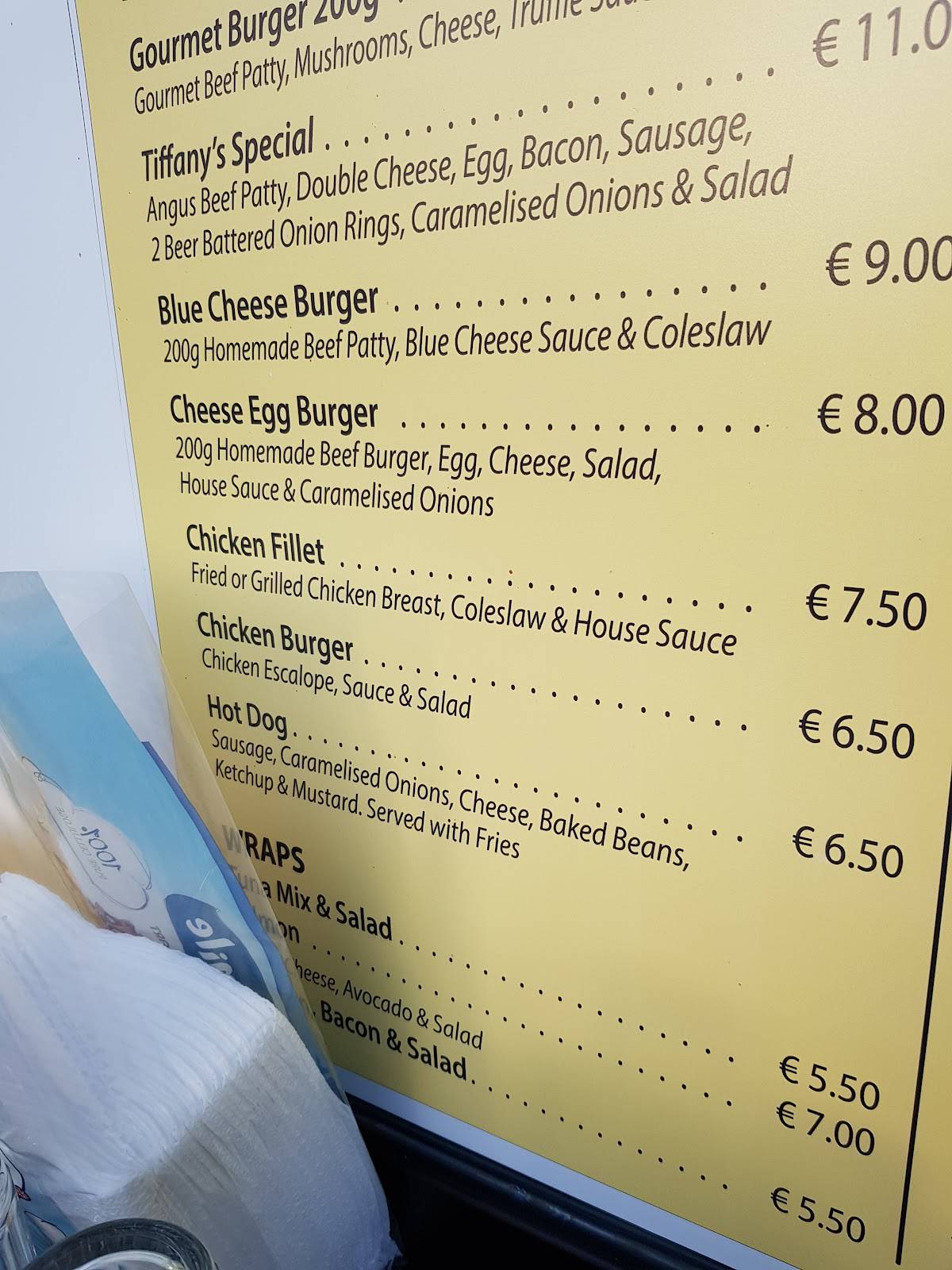 Menu at Tiffany restaurant, Marsaskala
