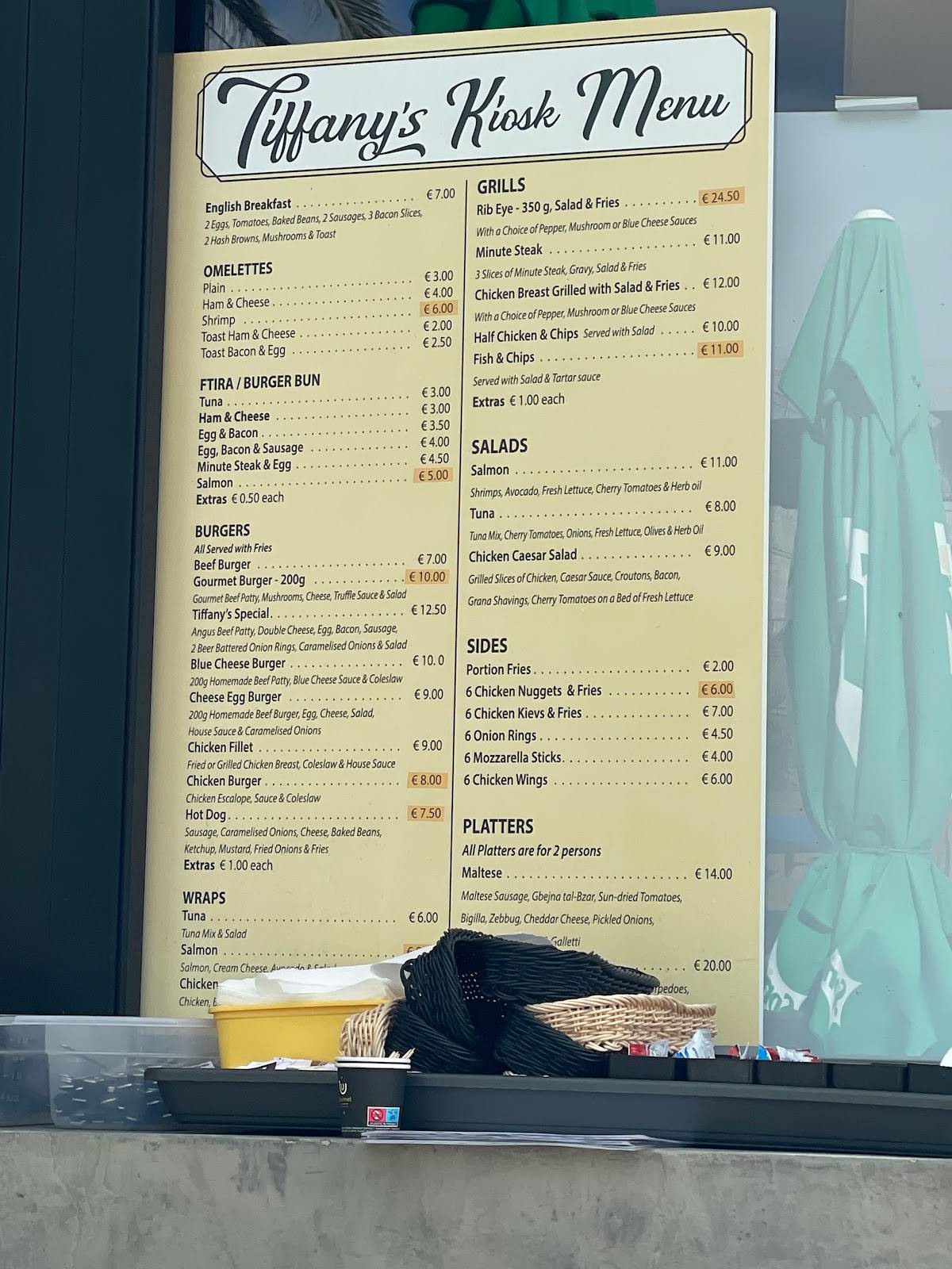 Menu at Tiffany's restaurant, Marsaskala