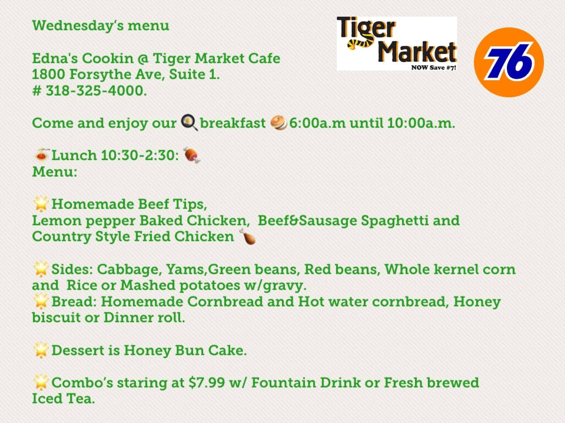 Menu at Tiger Cafe', Monroe