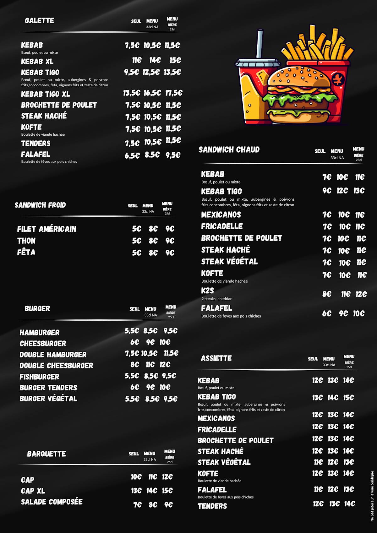 Menu au Snack tigo Wingles restaurant, Wingles