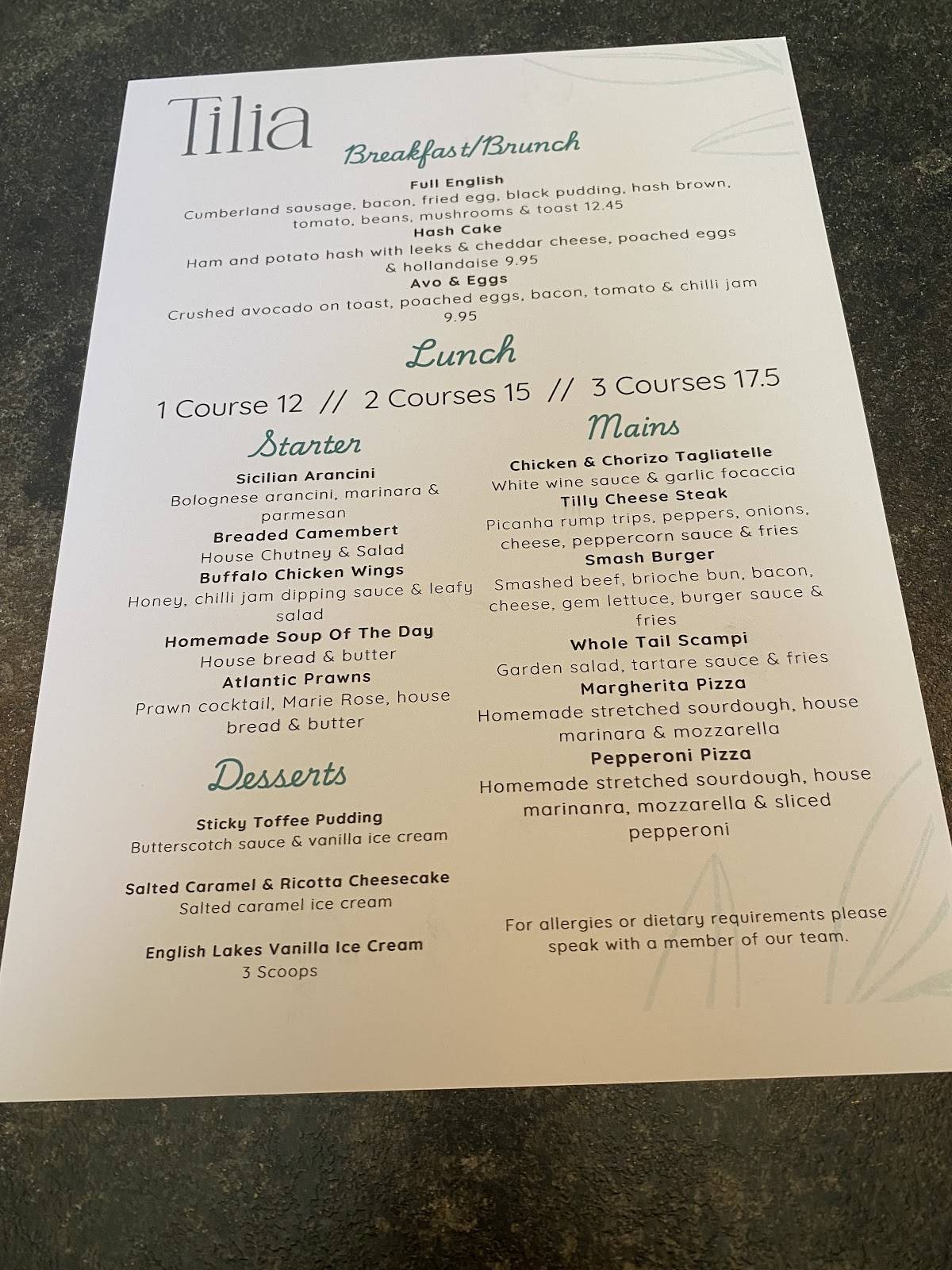 Menu at Tilia restaurant, Cockermouth