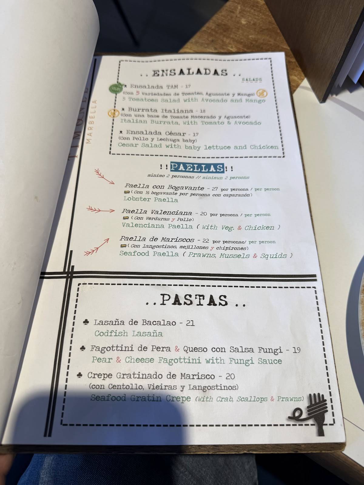Carta del restaurante El Timonel, Marbella