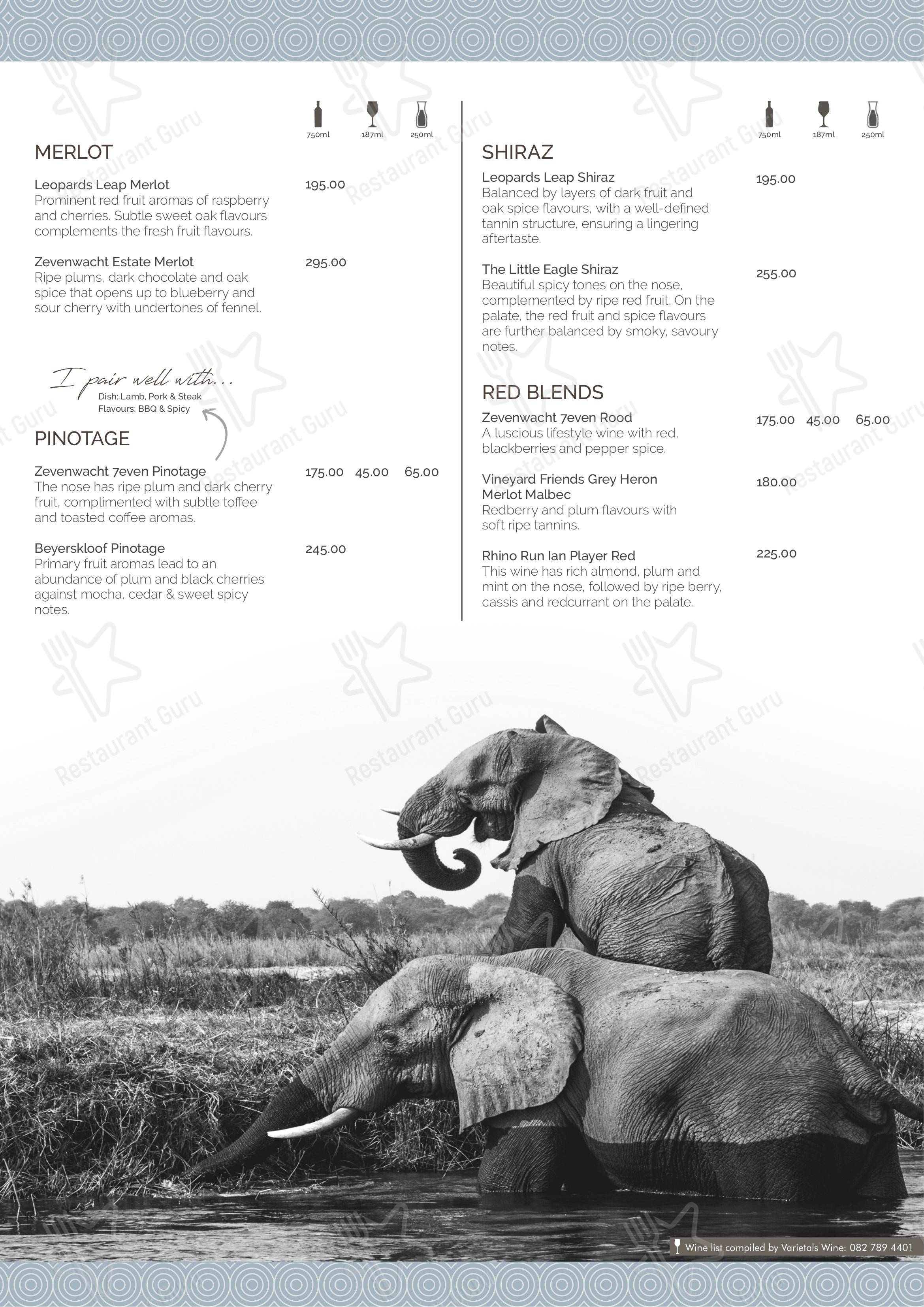 Menu at Tindlovu Restaurant Berg-En-Dal Rest Camp, Malelane, Berg-en ...