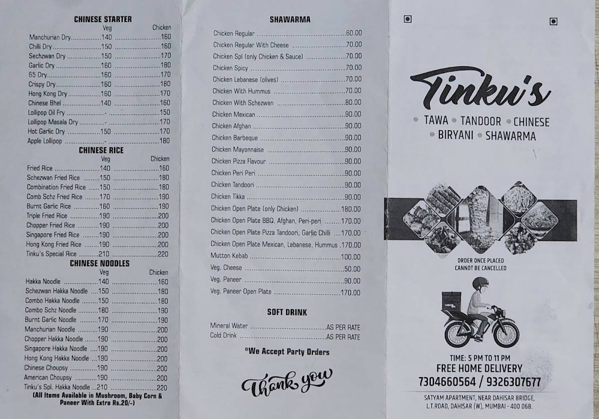 Menu at Tinku's Tandoorwala, Mumbai