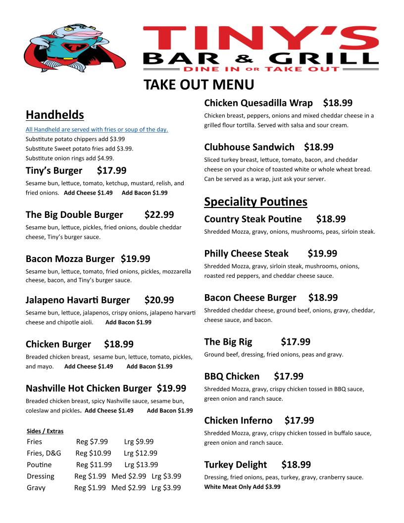 Menu at Tiny's Bar and Grill, Paradise, Paradise