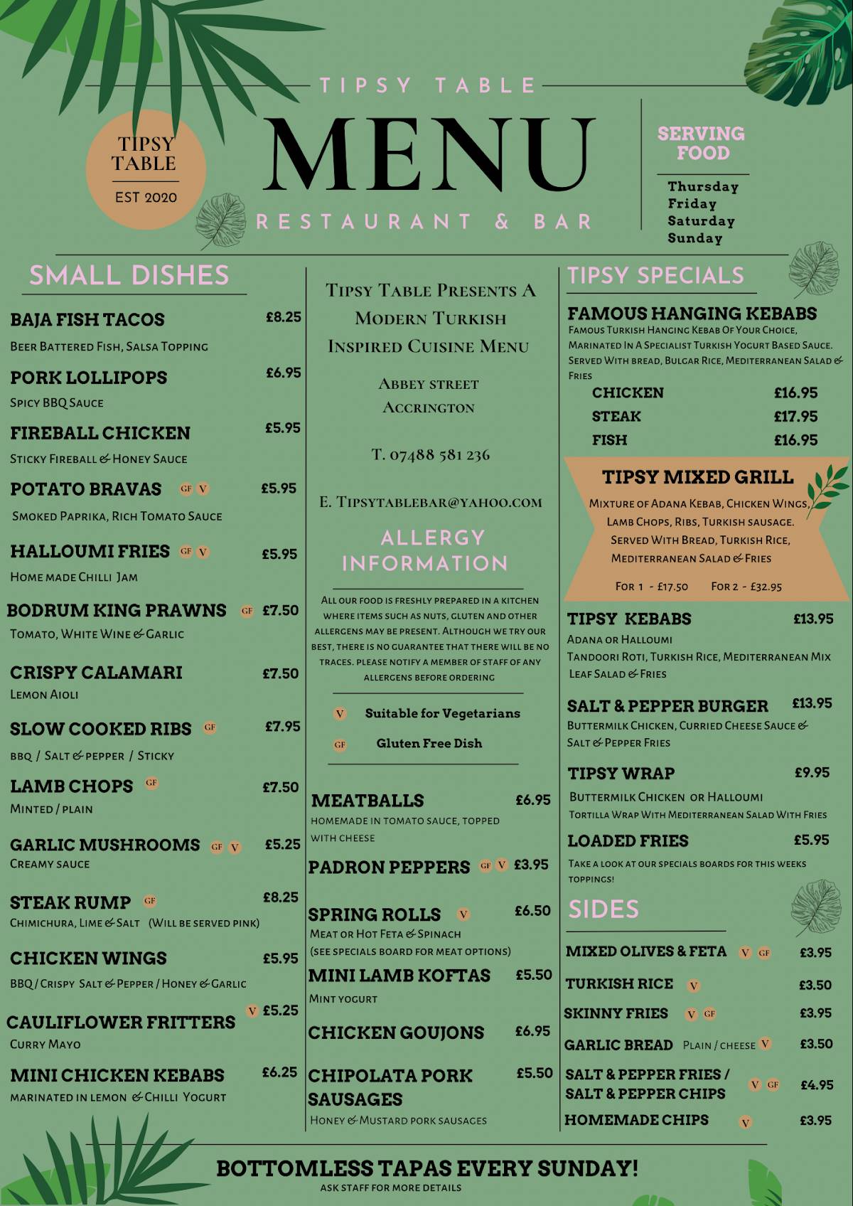 Menu at Tipsy Table Bar & Lounge, Accrington
