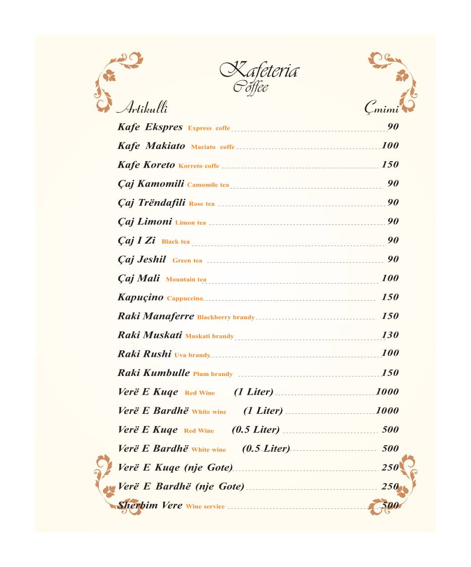 Menu at Natyra e Qetë restaurant, Lundër 1