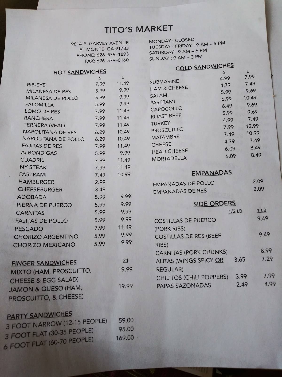 Menu at Tito's Market fast food, El Monte