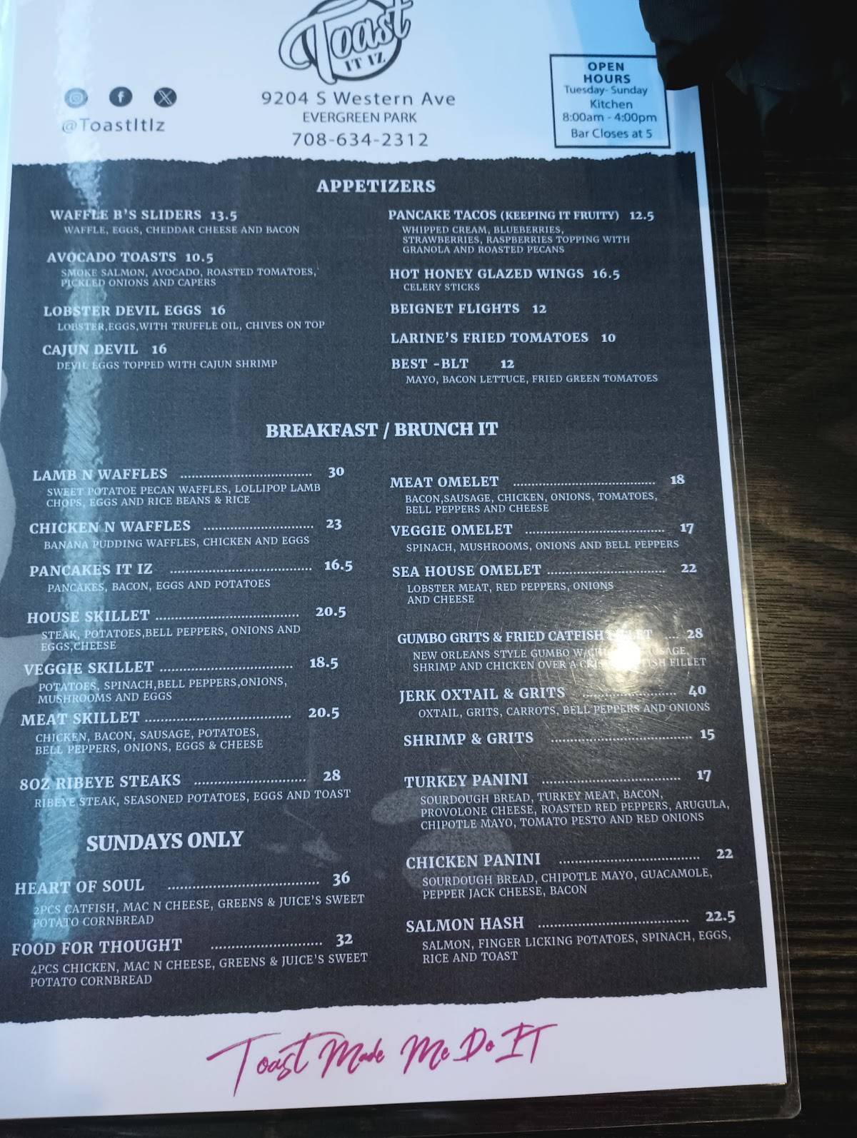 Menu at Toast It IZ restaurant, Evergreen Park