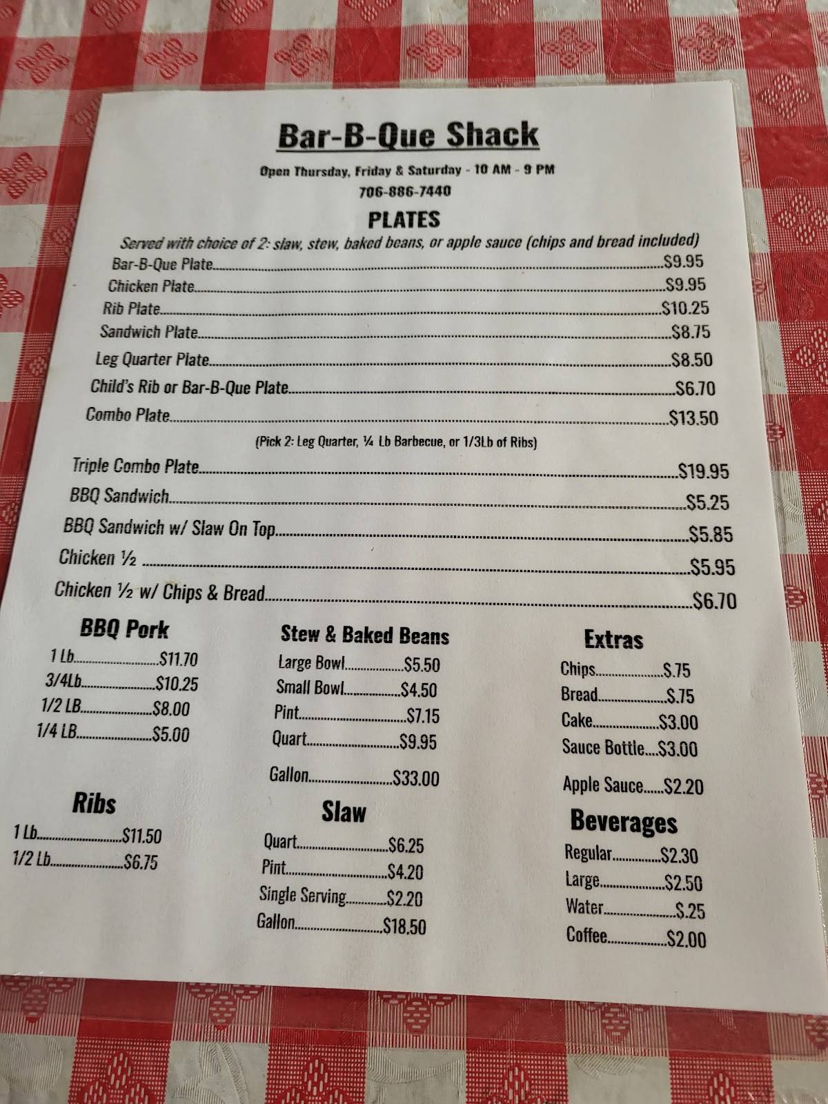 Menu at Bar-B-Q Shack, Toccoa