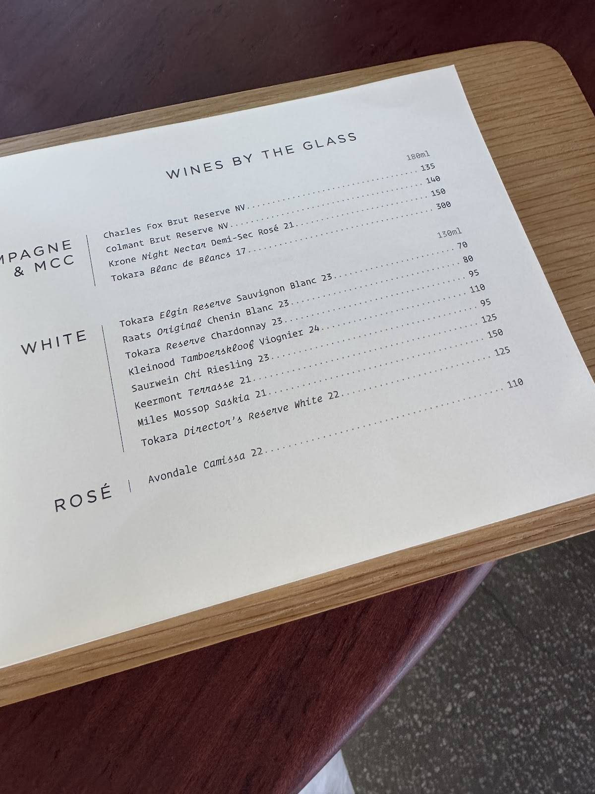 Menu at Tokara Restaurant, Stellenbosch