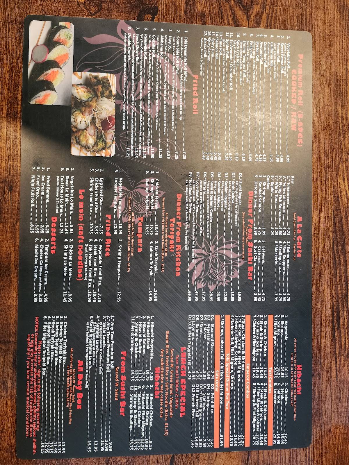 Menu at Toki Sushi Steakhouse, Rainsville