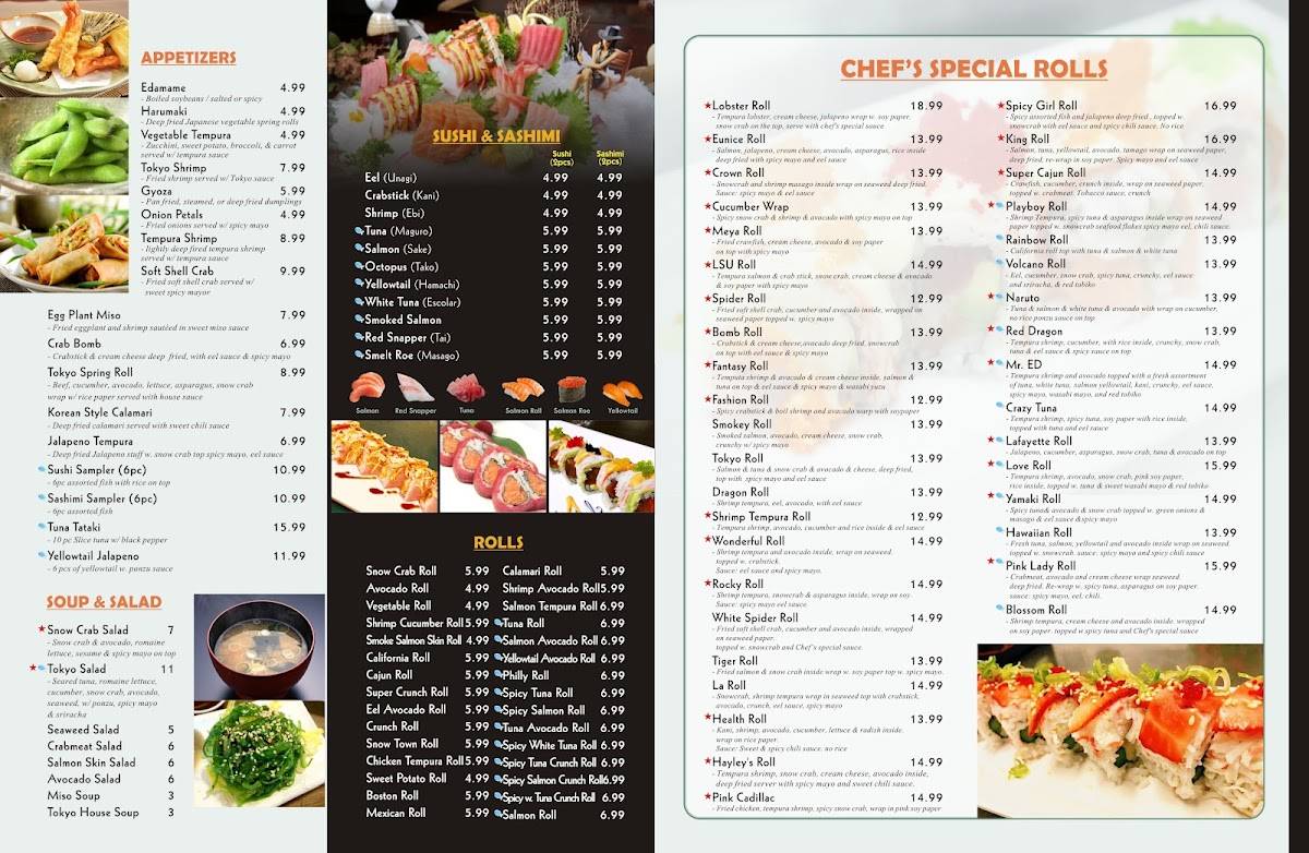 Menu at Tokyo Japan restaurant, Eunice