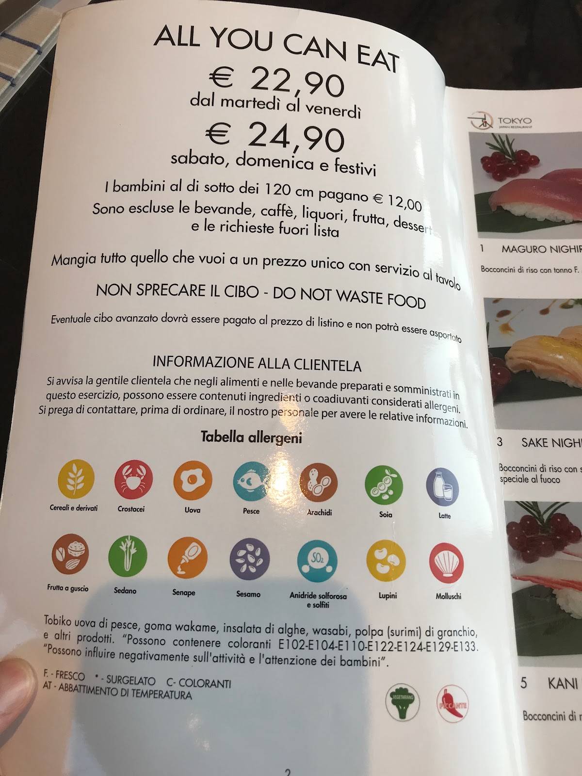 Menu at Tokyo Restaurant, Novi Ligure