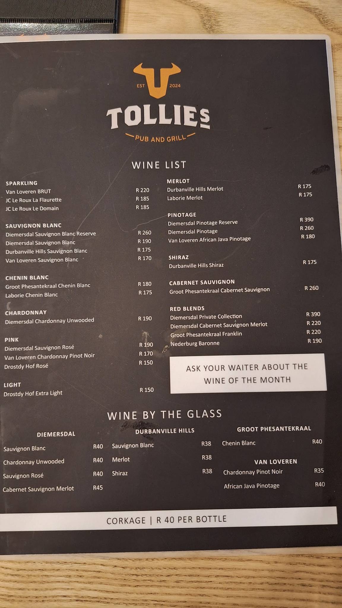 Menu at Tollie's Pub and Grill, Cape Town