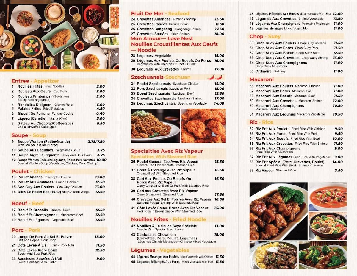 Menu au Tommy Wonton restaurant, Cowansville