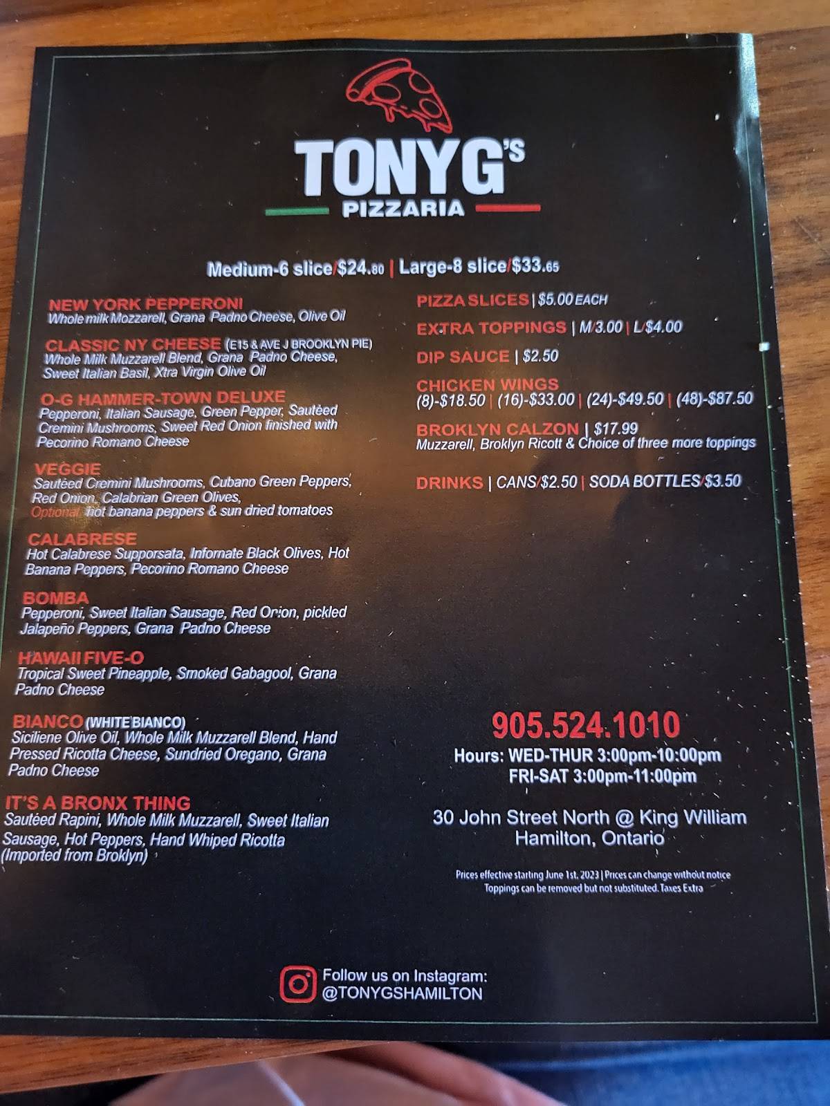 Menu at Tony G’s Pizzeria, Hamilton