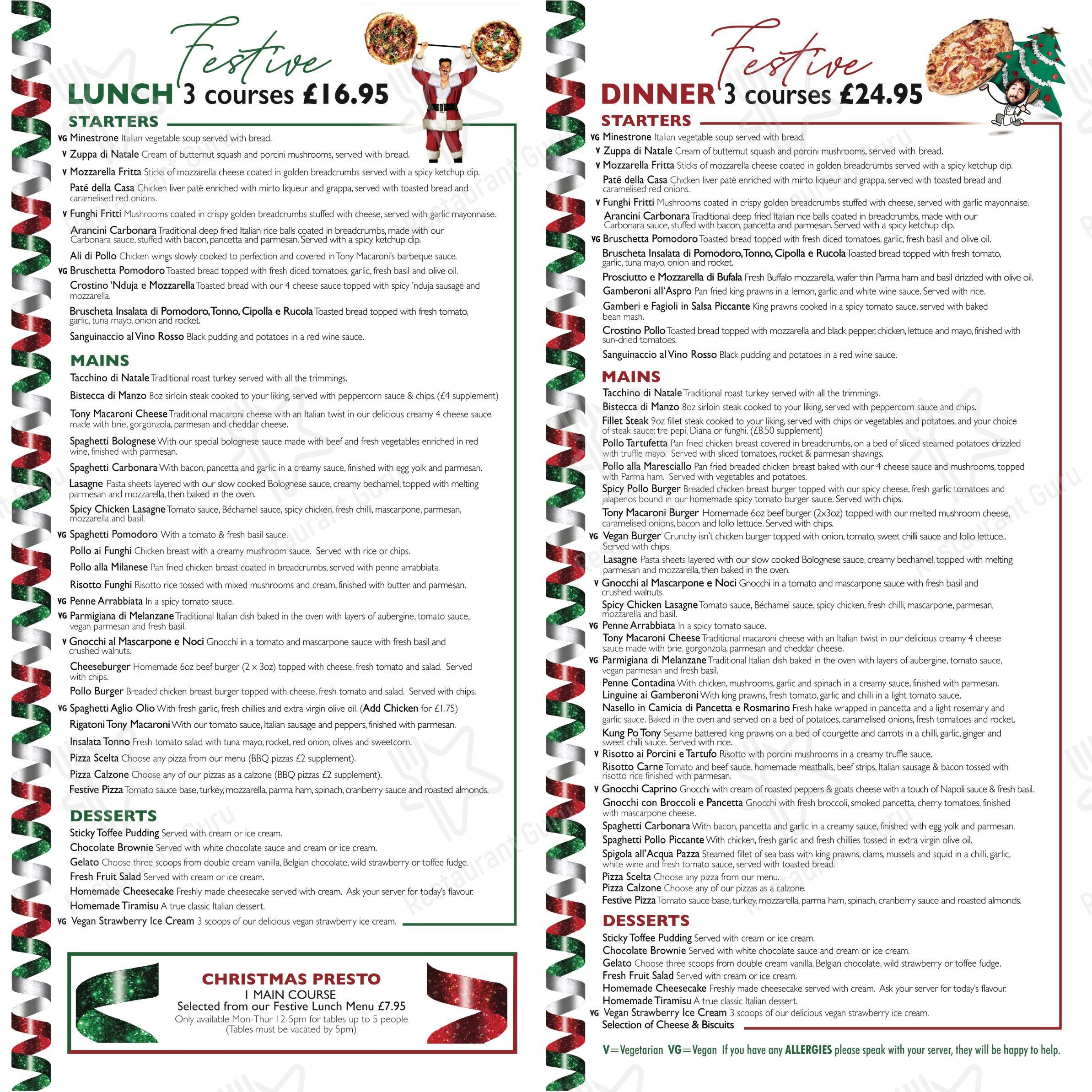 Menu at Tony Macaroni Livingston restaurant, Livingston