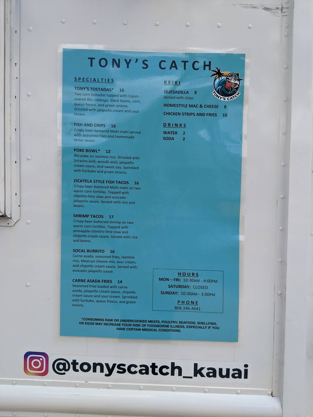 Menu at Tony's Catch restaurant, Kapaa