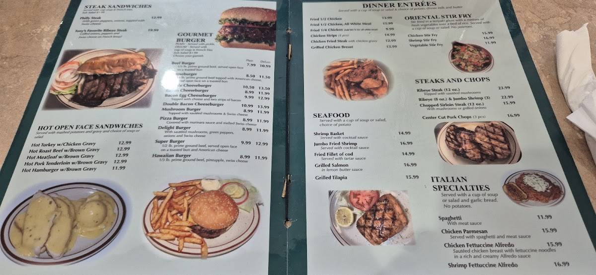 Menu at Tony's Diner restaurant, Bloomington