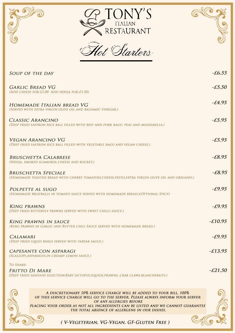 Menu at Tony's Italian Restaurant, Wickford