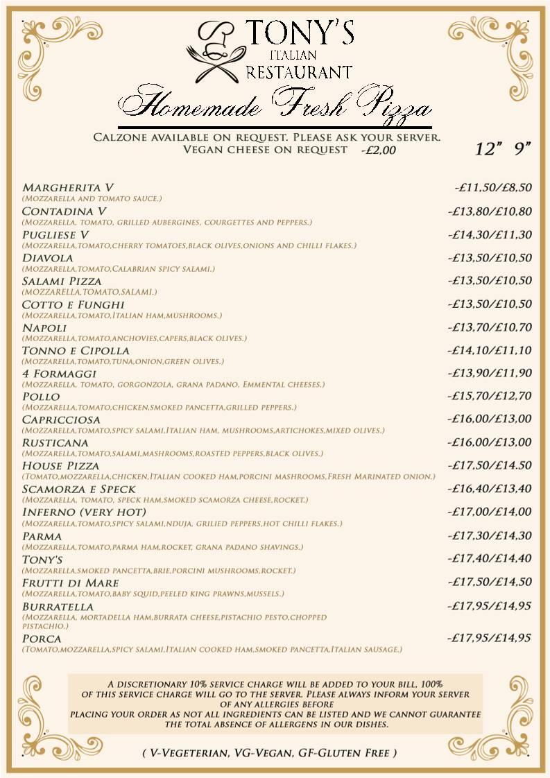 Menu at Tony's Italian Restaurant, Wickford