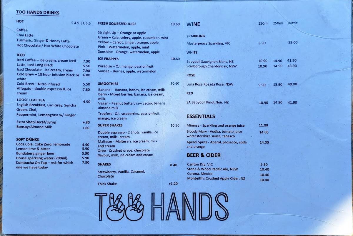 Menu at Too Hands cafe, New Lambton