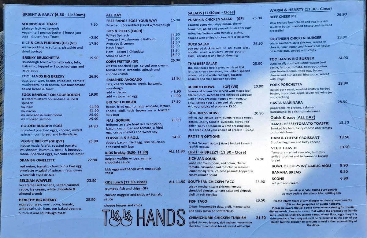 Menu at Too Hands cafe, New Lambton