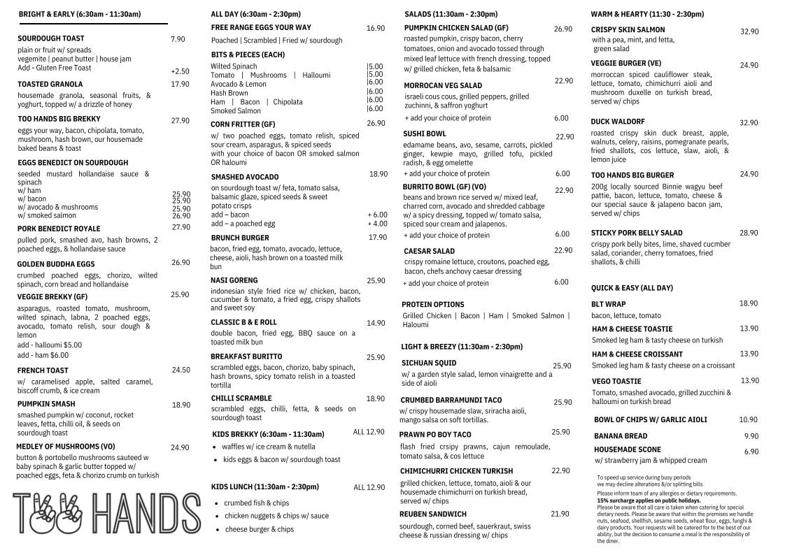 Menu at Too Hands cafe, New Lambton