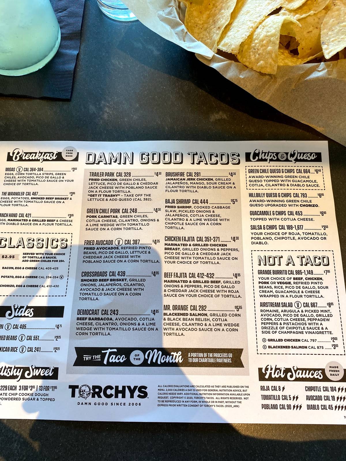 Menu at Torchy's Tacos restaurant, Rogers